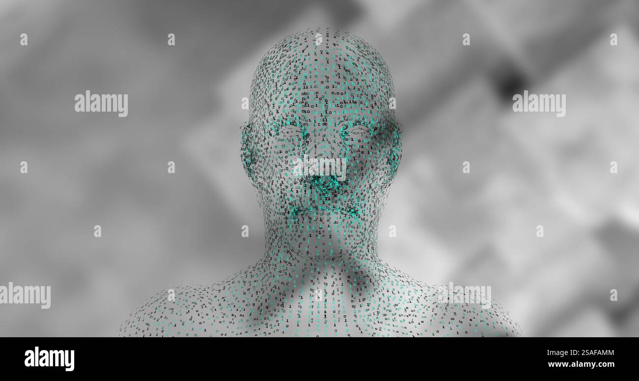 Image of human head with particles moving over grey background Stock ...