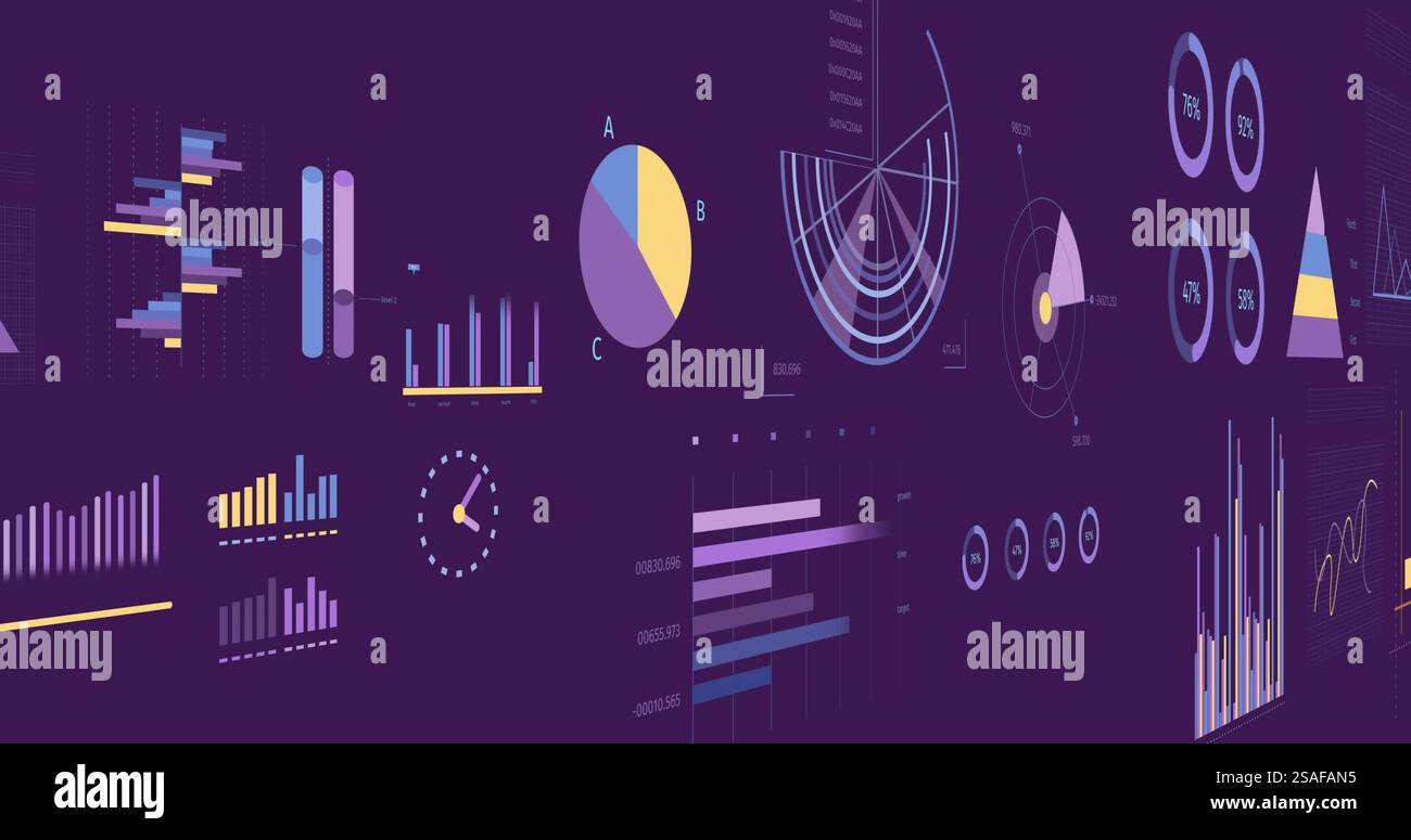 Image of statistics and data processing over purple background Stock ...