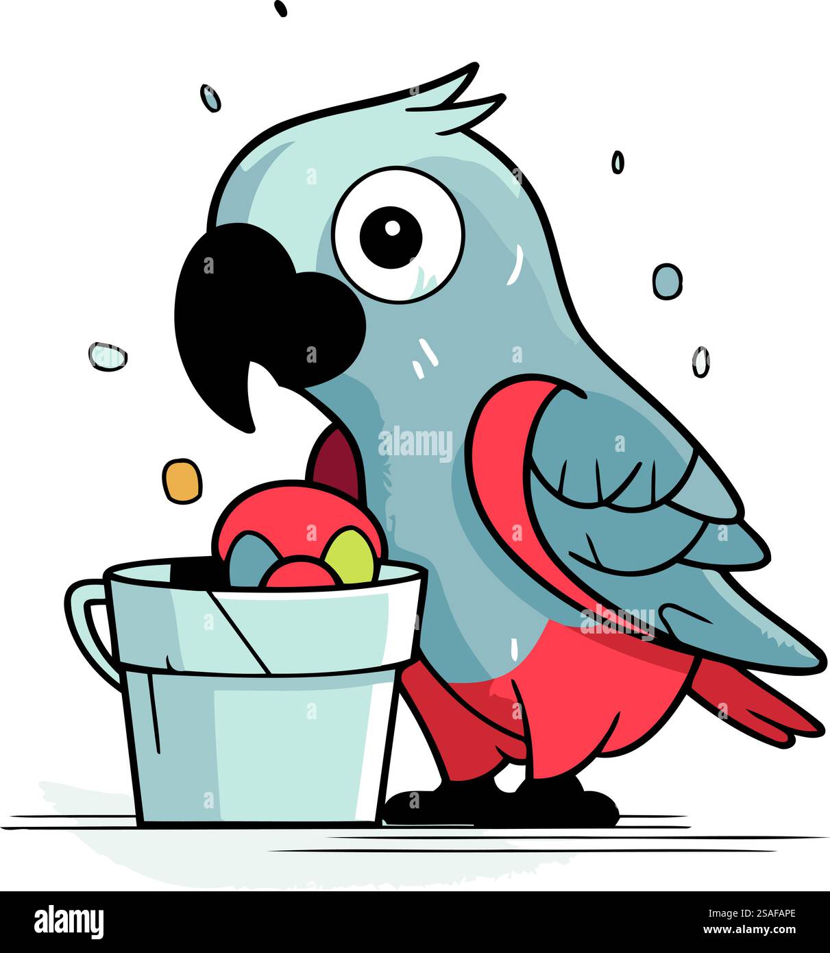 Cute parrot with bucket of eggs. Vector illustration in cartoon style ...