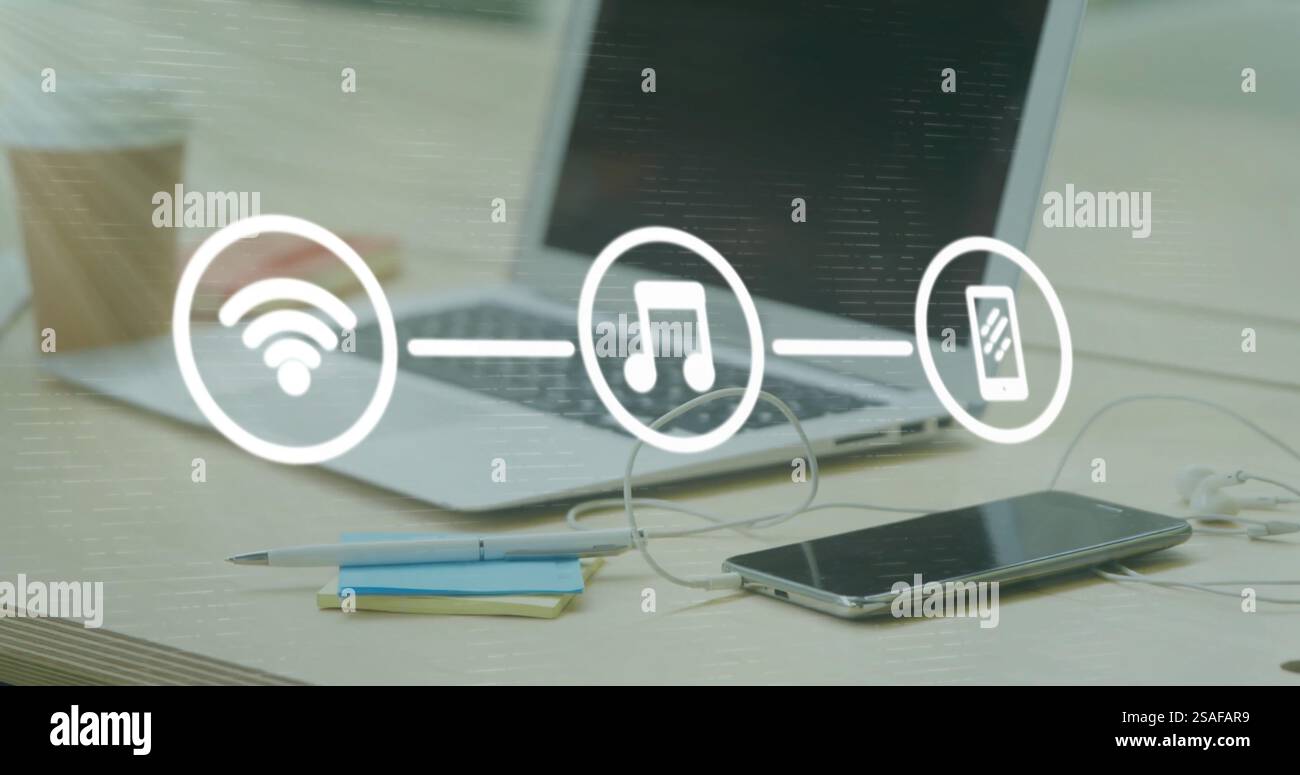 Image of network of connections with icons over empty office with ...