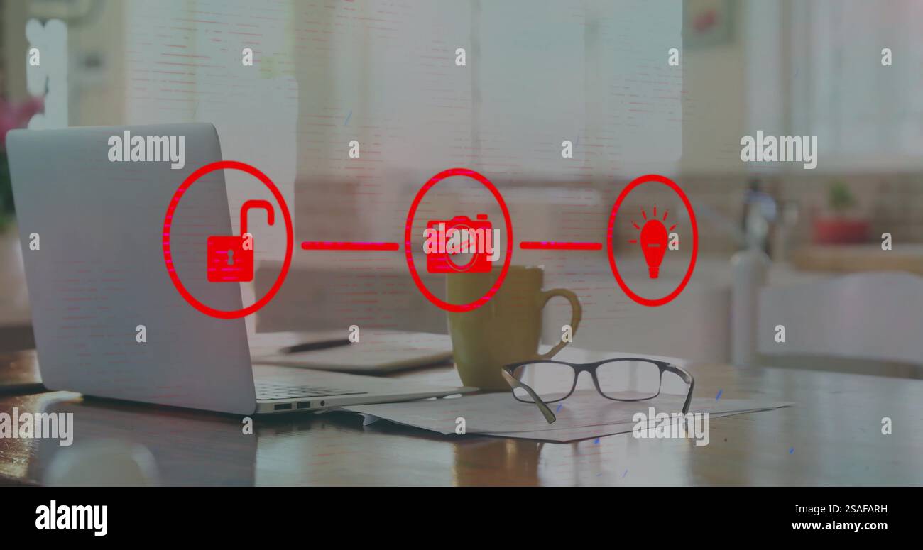 Image of network of connections with icons over empty office with ...