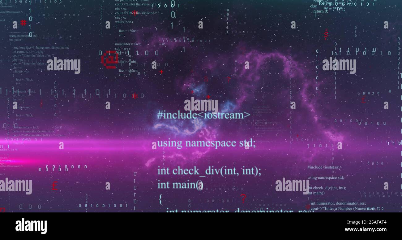 Image of data processing and purple shapes on black background Stock ...