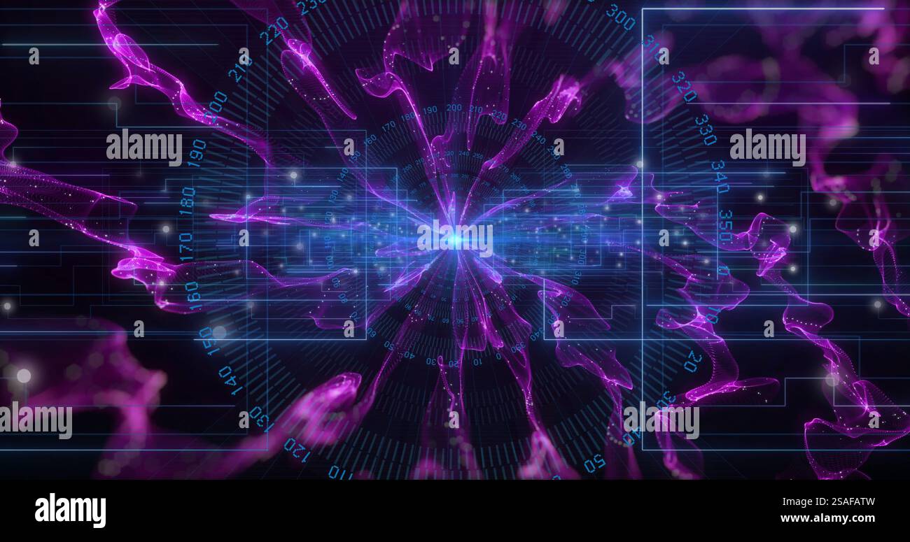 Image of data processing and purple shapes on black background Stock ...