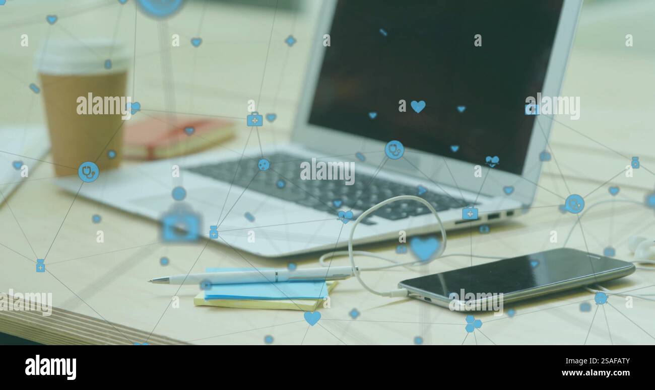 Image of network of connections with icons over empty office with ...