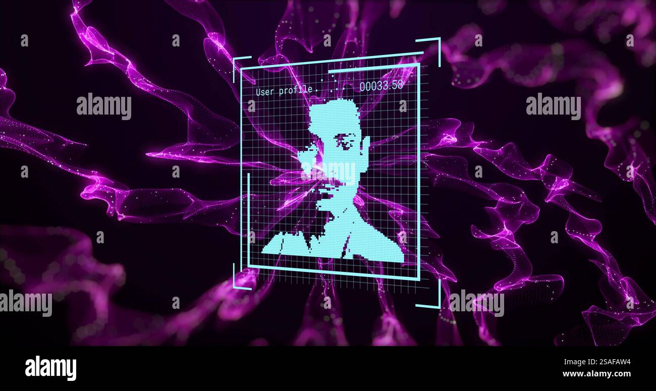 Image of data processing with people icons and purple shapes on black ...