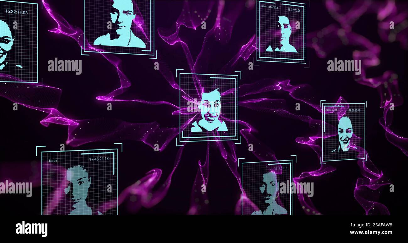 Image of data processing with people icons and purple shapes on black ...