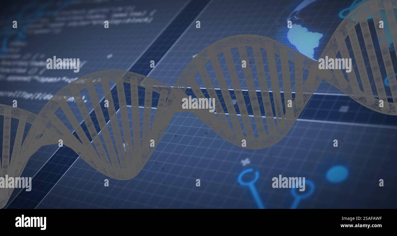 Image of dna strand over diagrams and data processing Stock Photo - Alamy