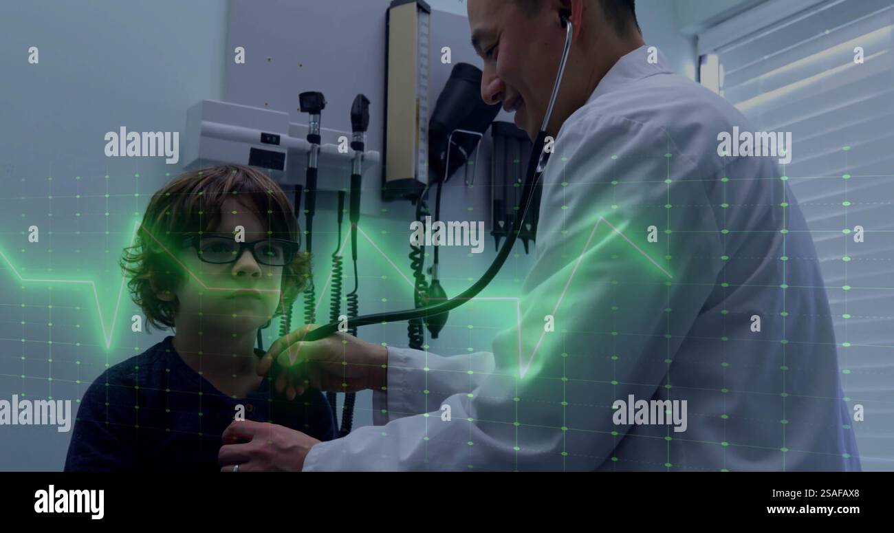 Image of cardiograph over diverse doctor and boy patient in hospital ...