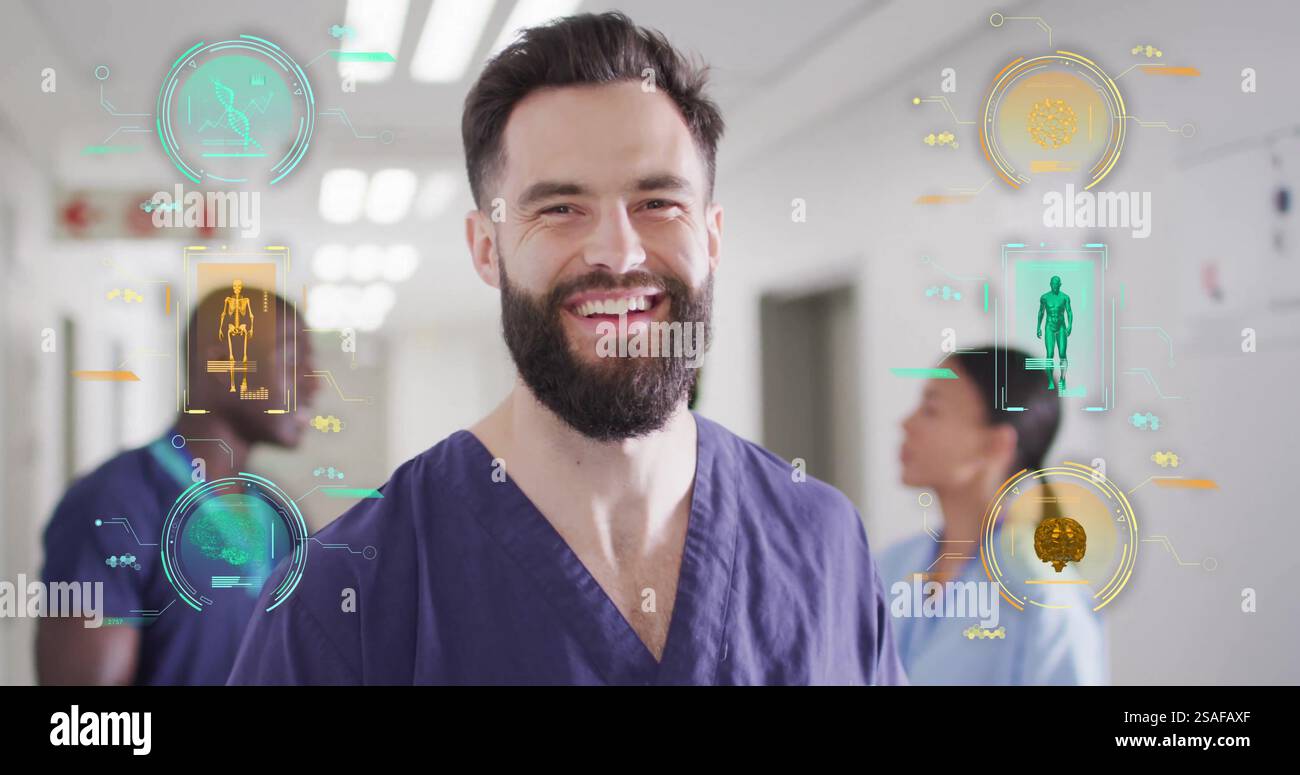 Image of science data over diverse doctors smiling Stock Photo - Alamy