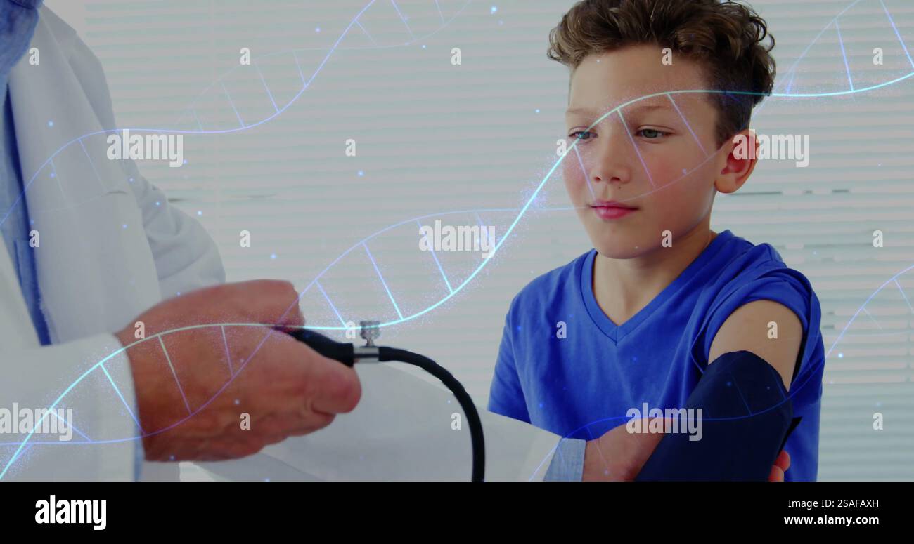 Image of dna strands over diverse doctor and boy patient in hospital ...