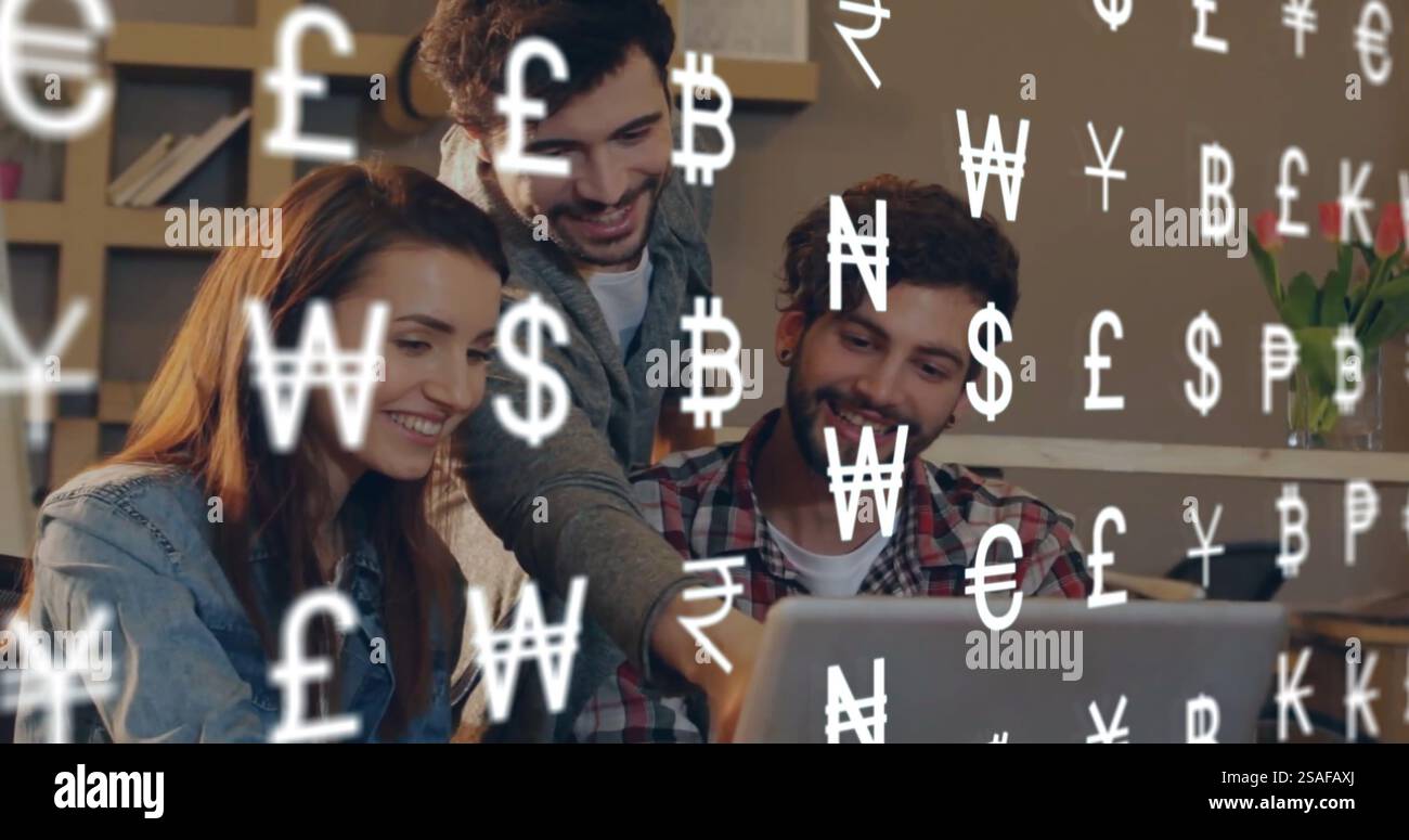 Image of currency symbols over diverse colleagues discussing work in ...