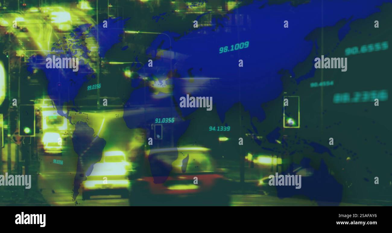 Image of world map and data processing over busy city Stock Photo - Alamy