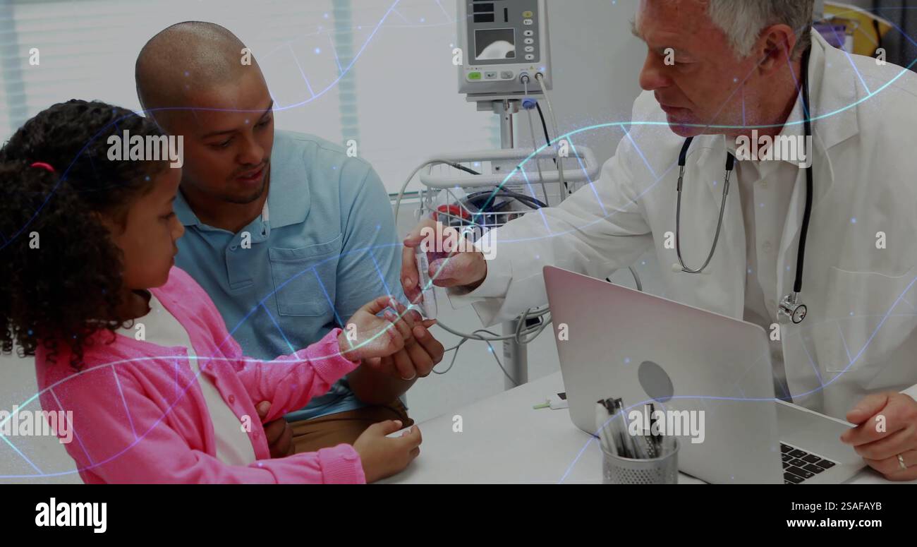 Image of dna strands over diverse doctor and boy patient in hospital ...