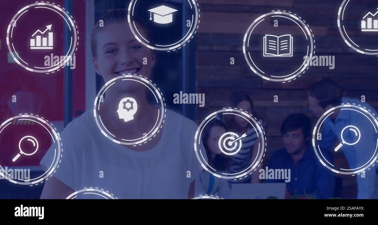 Business icons image over diverse people working in office. teamwork ...