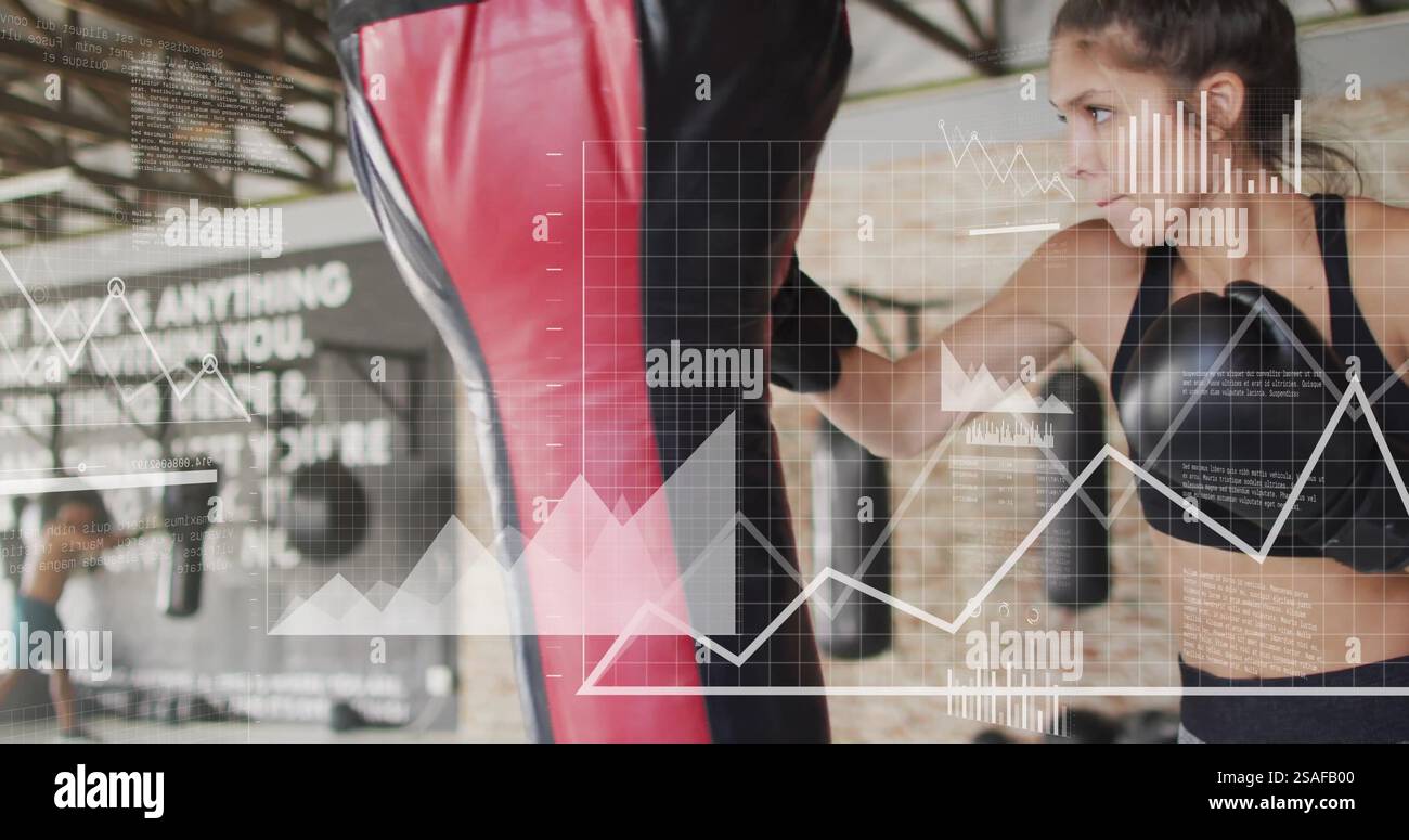 Image of diagrams and data processing over caucasian woman punching ...