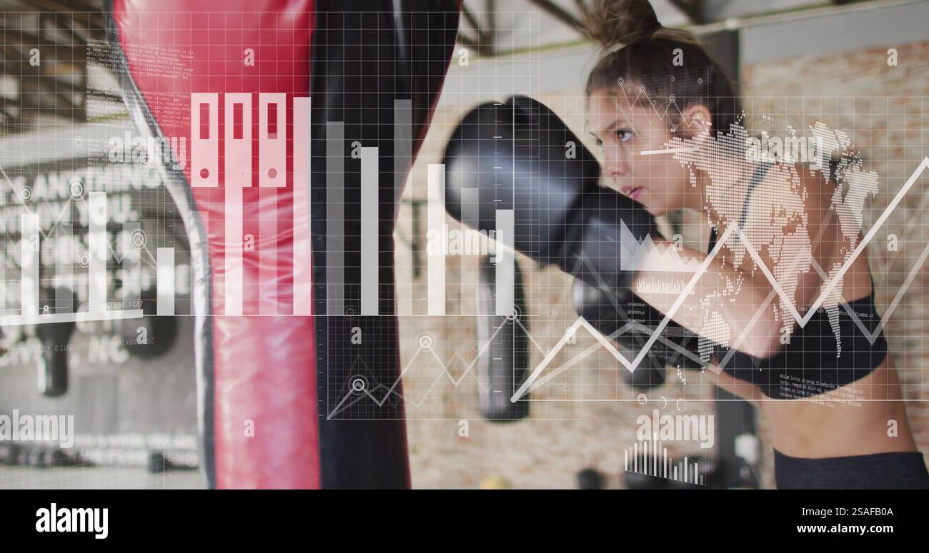 Image of diagrams and data processing over caucasian woman punching boxing bag at gym Stock ...
