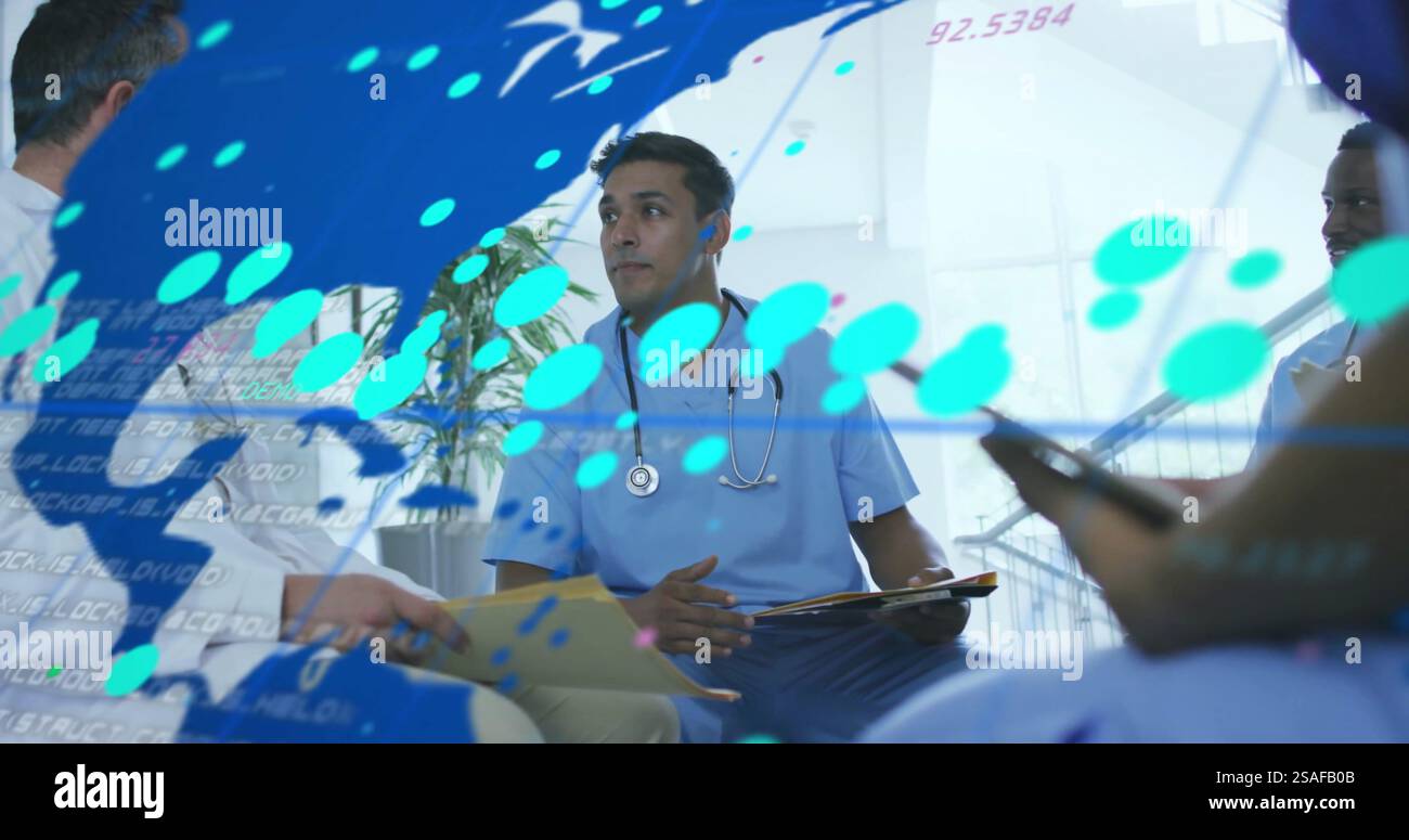 Image of data processing and world map over diverse doctors talking ...