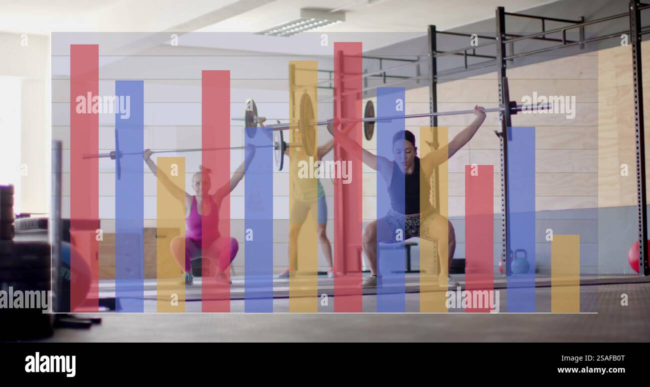 Image of diagram over diverse women lifting weight bars at gym Stock ...