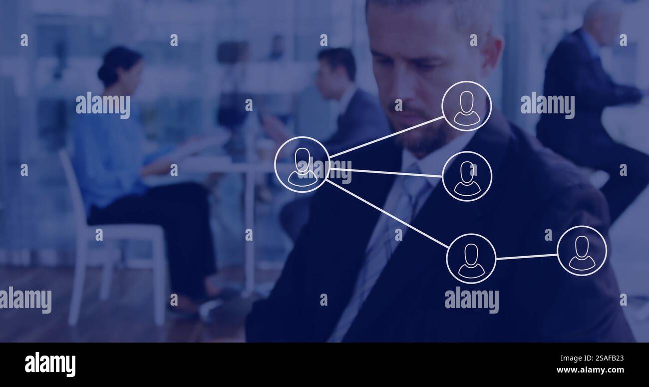 Businessman working with network connections image over office ...