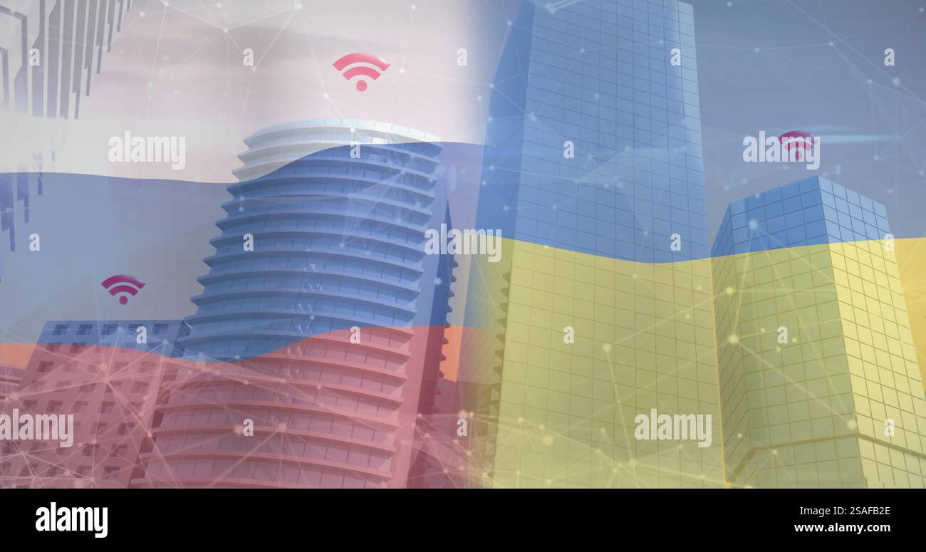 Image of flag of russia and ukraine over network of connections with ...