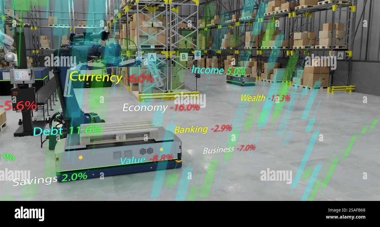 Image of diagrams and stock market over machines working in warehouse ...