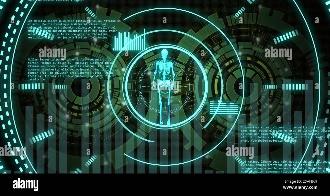 Image of data processing and skeleton walking over scopes scanning. Science, technology and ...