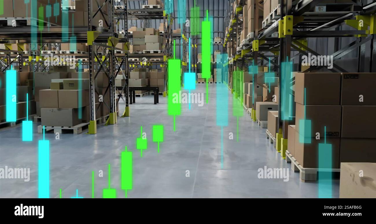 Image of diagrams over machines working in warehouse Stock Photo - Alamy