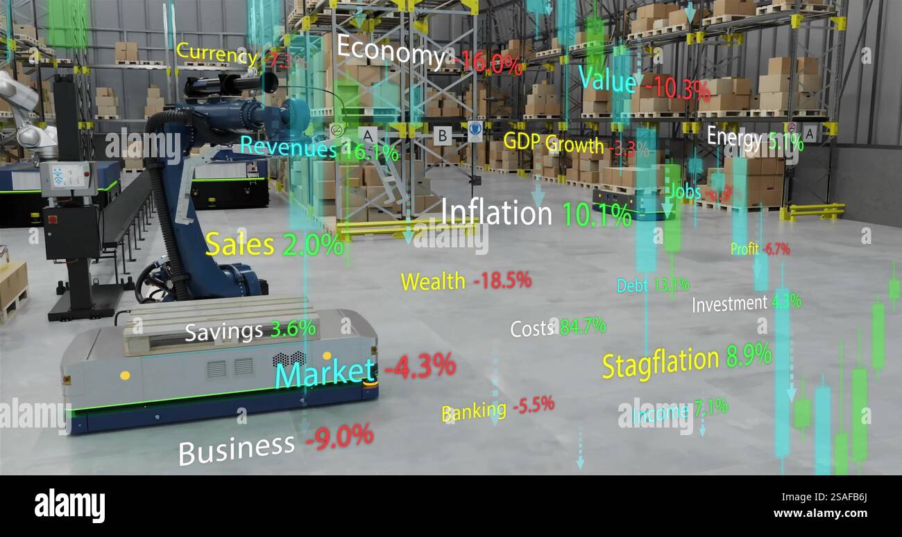 Image of diagrams and stock market over machines working in warehouse ...