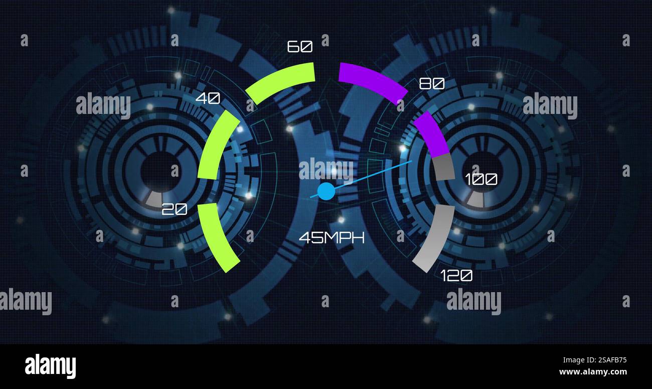Image of speedometer over scopes scanning. Business, technology and ...