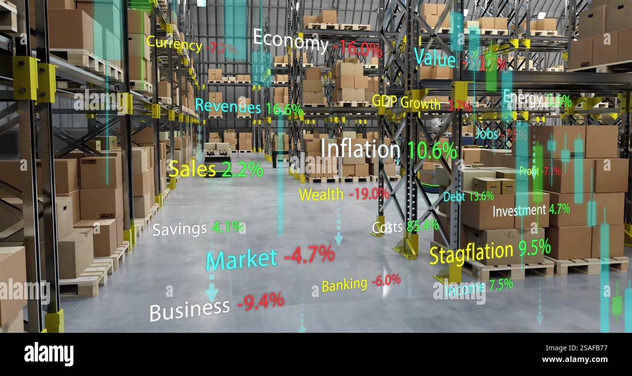 Image of stock market and diagrams over warehouse. Technology, delivery ...
