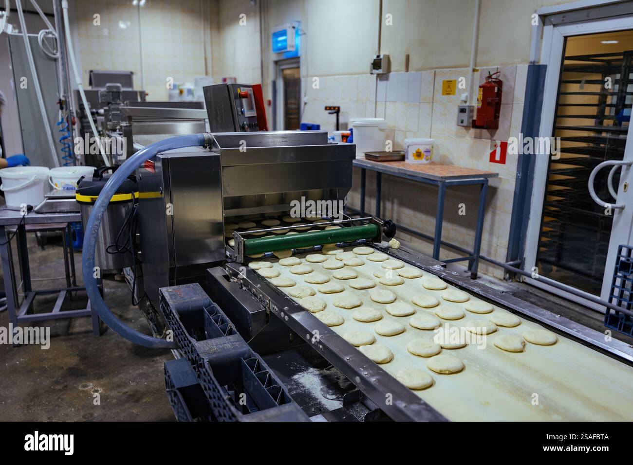 Modern bakery production line. Raw loafs on conveyor belt Stock Photo ...