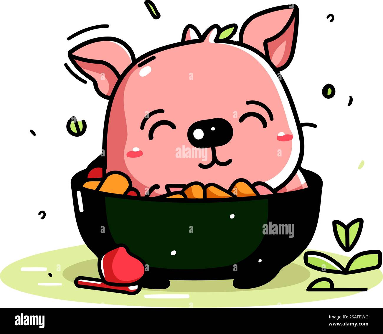 Cute cartoon piglet with a bowl of food. Vector illustration Stock ...