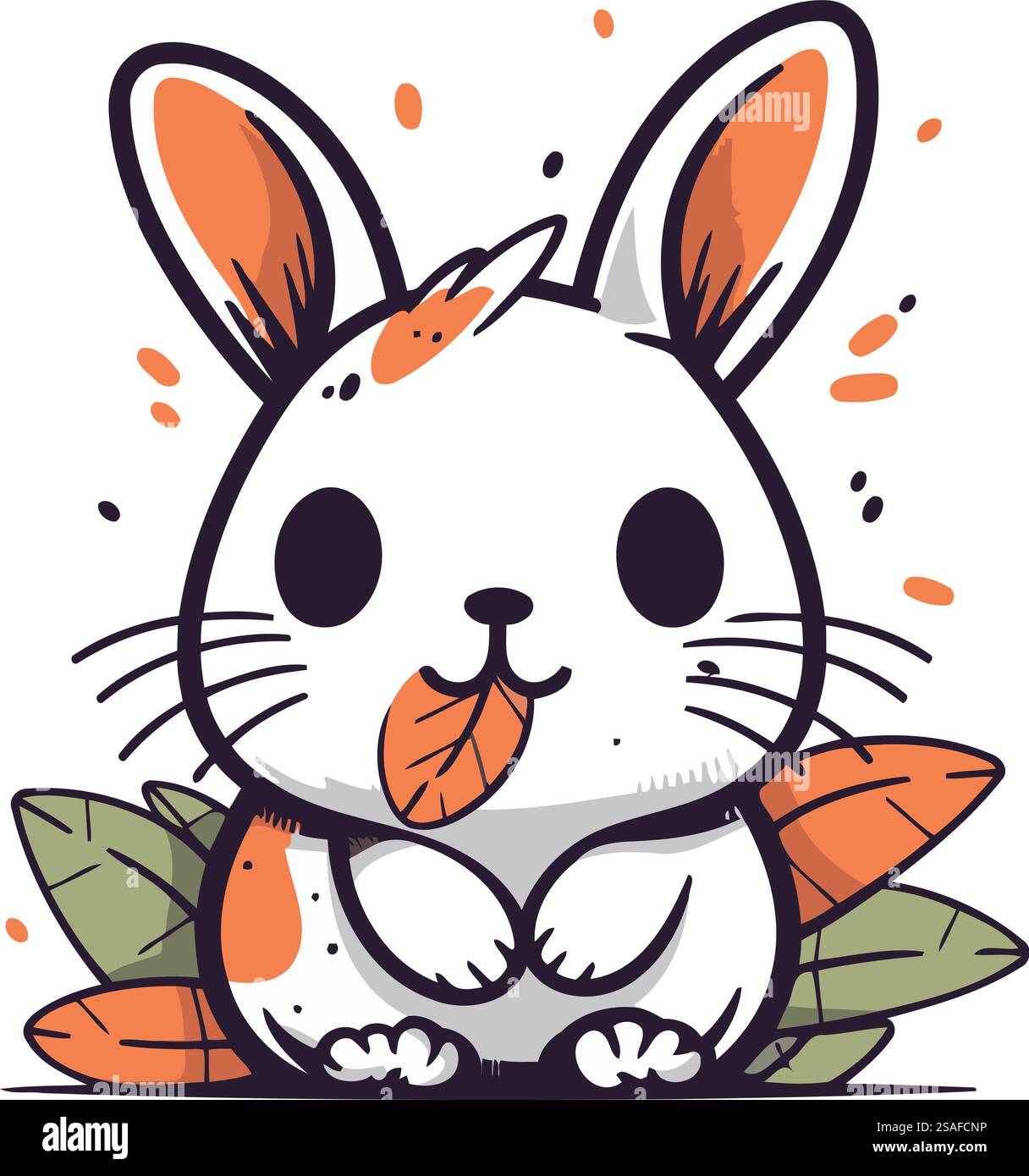 Cute bunny sitting with leaves on white background. Vector illustration ...