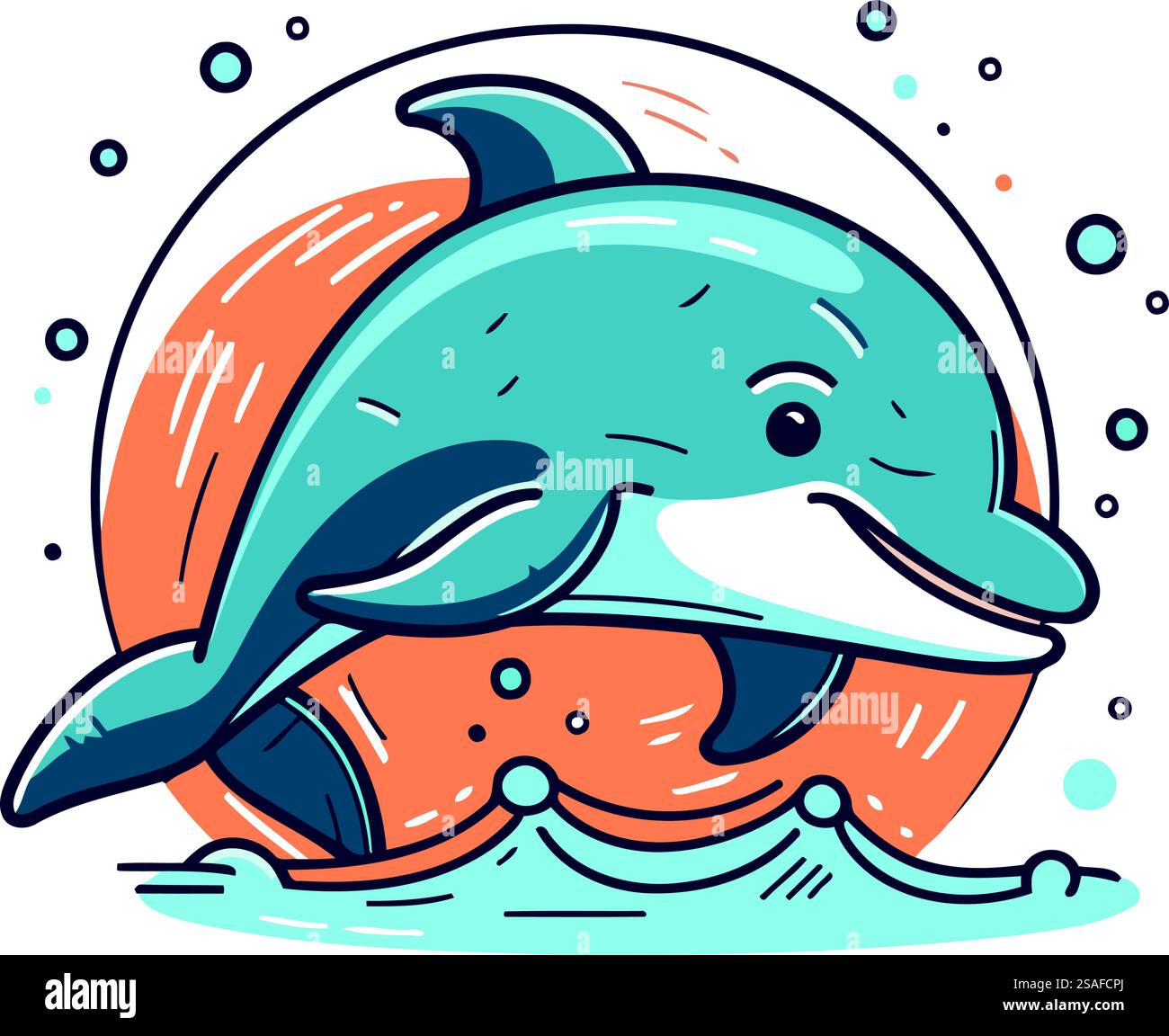Cute cartoon dolphin jumping out of the water. Vector illustration ...