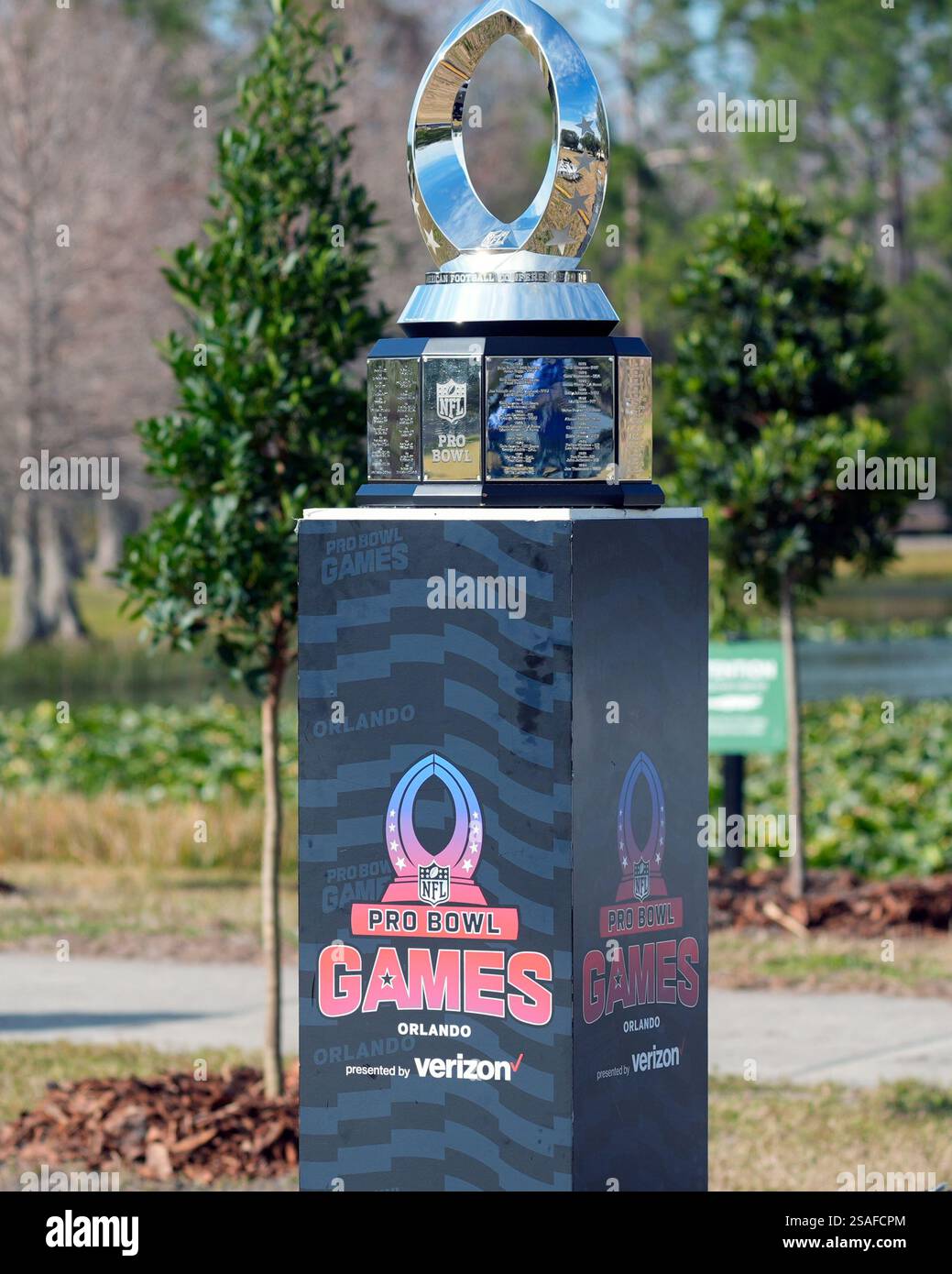 The 2025 Pro Bowl trophy is seen in front of freshly planted trees at a ...