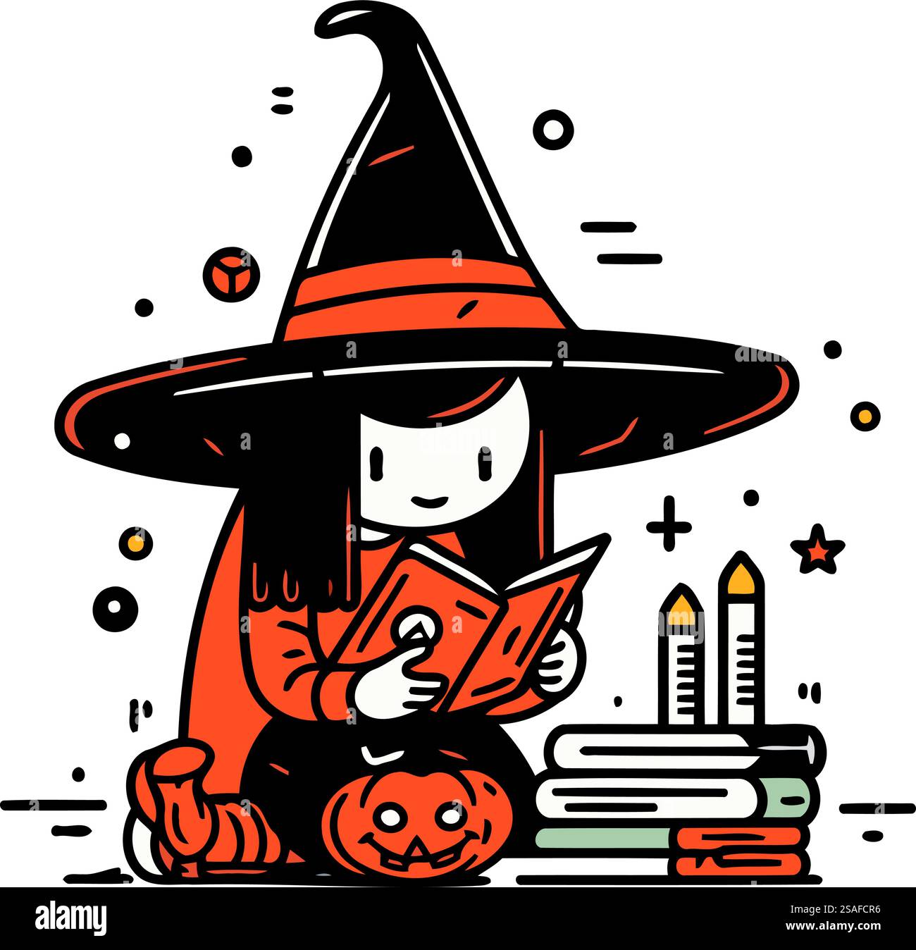 Cute little witch reading a book. Halloween. Vector illustration Stock ...