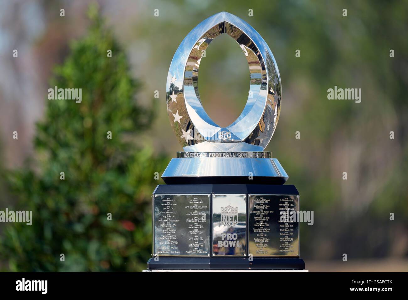 The 2025 Pro Bowl trophy is seen in front of freshly planted trees at a ...