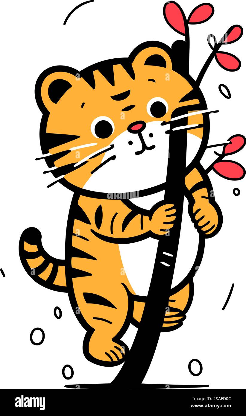 Cute cartoon tiger standing on the tree branch. Vector illustration ...