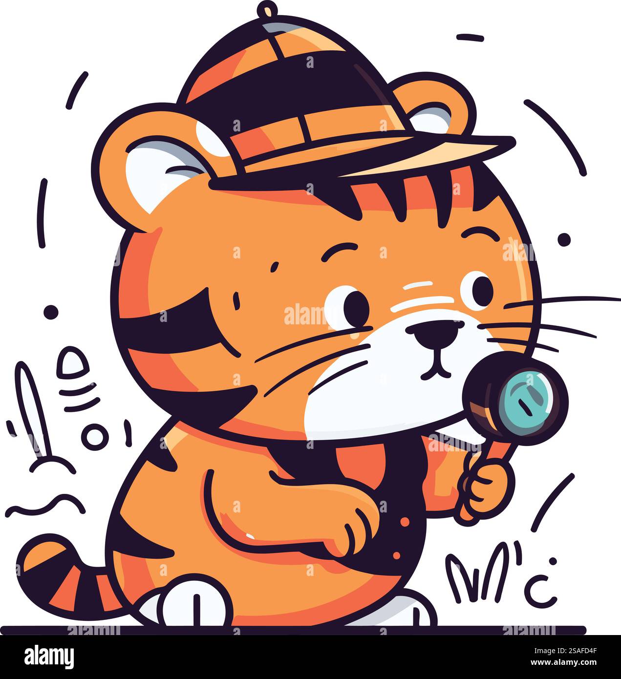 Cute tiger in a hat with a magnifying glass. Vector illustration Stock ...