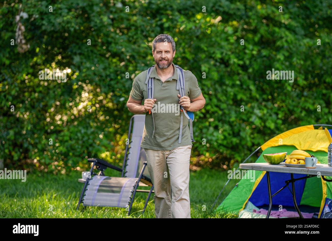 Summer camp and nature vacation. Man on summer camping. Camp adventure ...