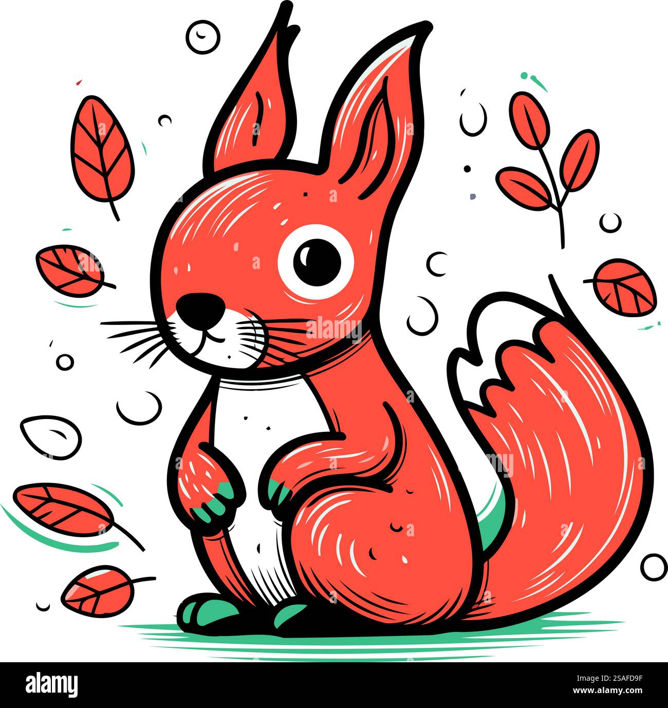 Cute squirrel sitting on the ground with leaves. Vector illustration ...