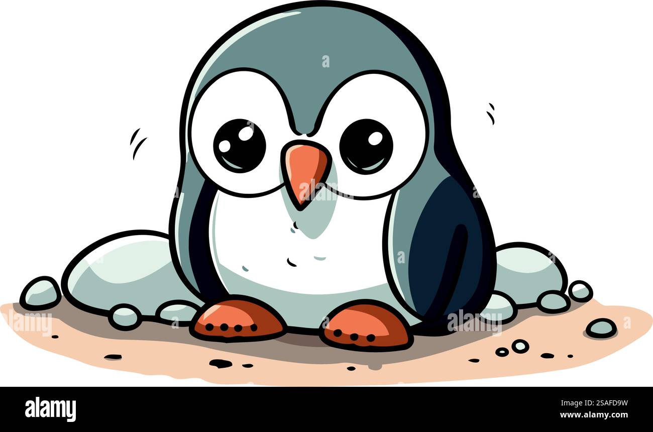 Cute penguin sitting on the ground. Vector cartoon illustration Stock ...