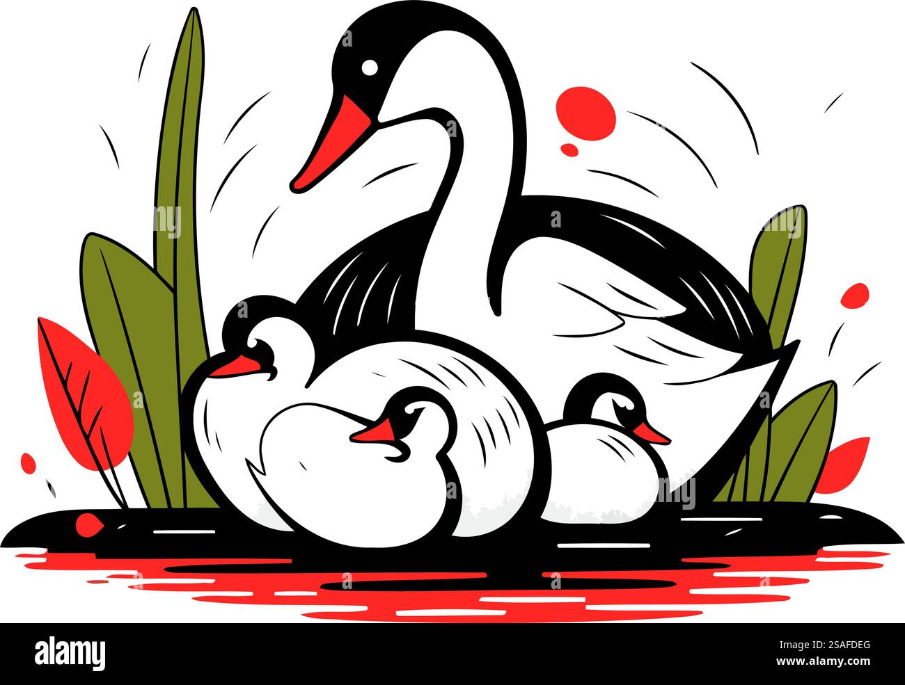 Vector illustration of a mother swan with her two baby swans Stock ...