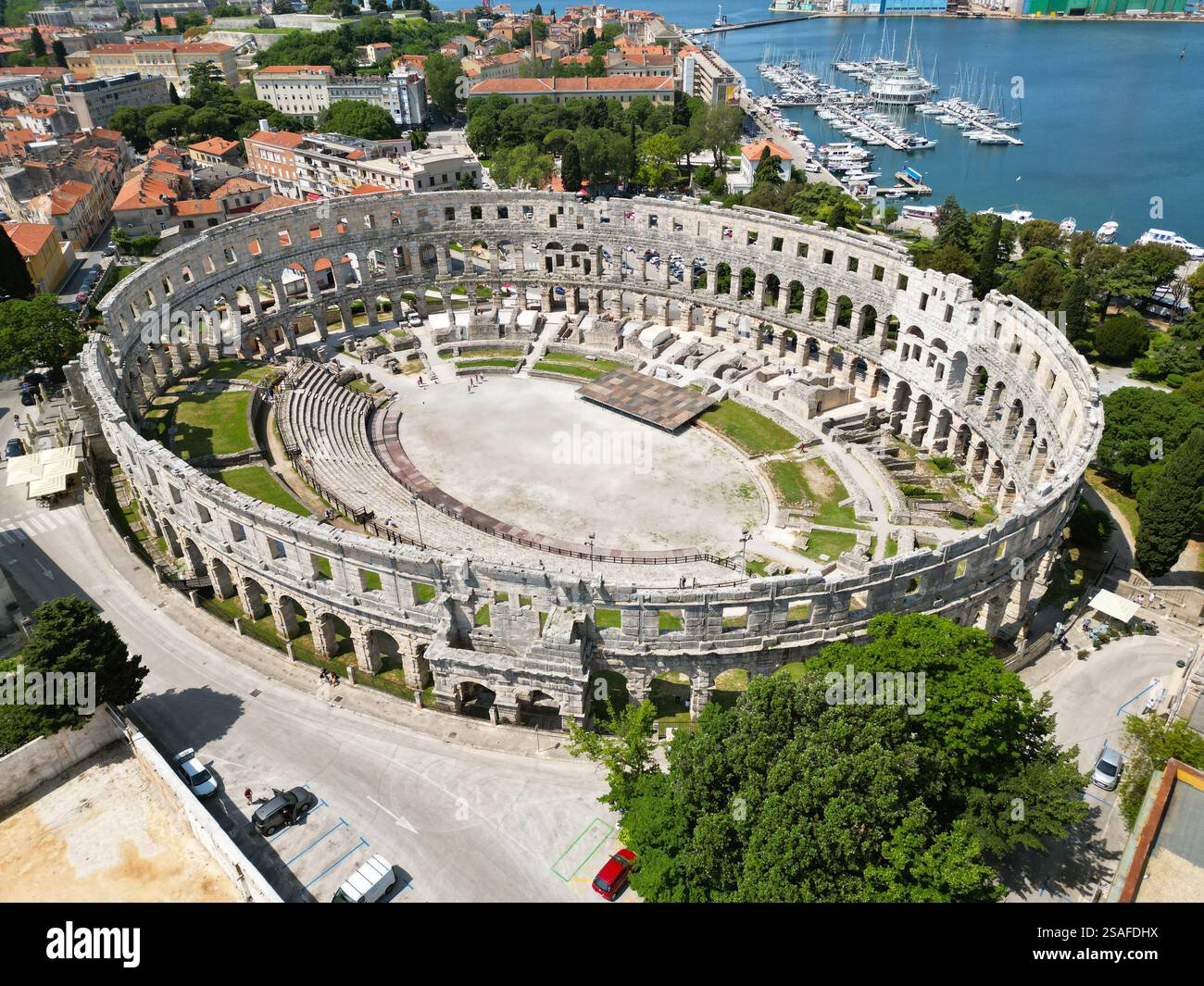Aerial view of the ancient Roman arena in the village of Pula, Istria ...