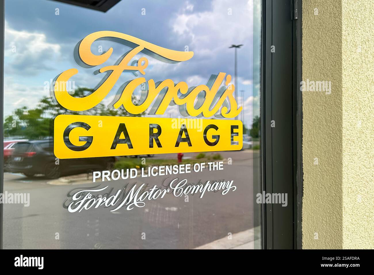 Novi, Michigan - July 23, 2023: Signage of Ford's garage restaurant , A ...