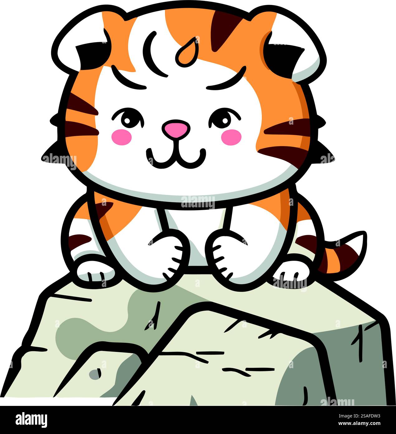 Cute cartoon tiger sitting on the rock. Vector illustration on white ...