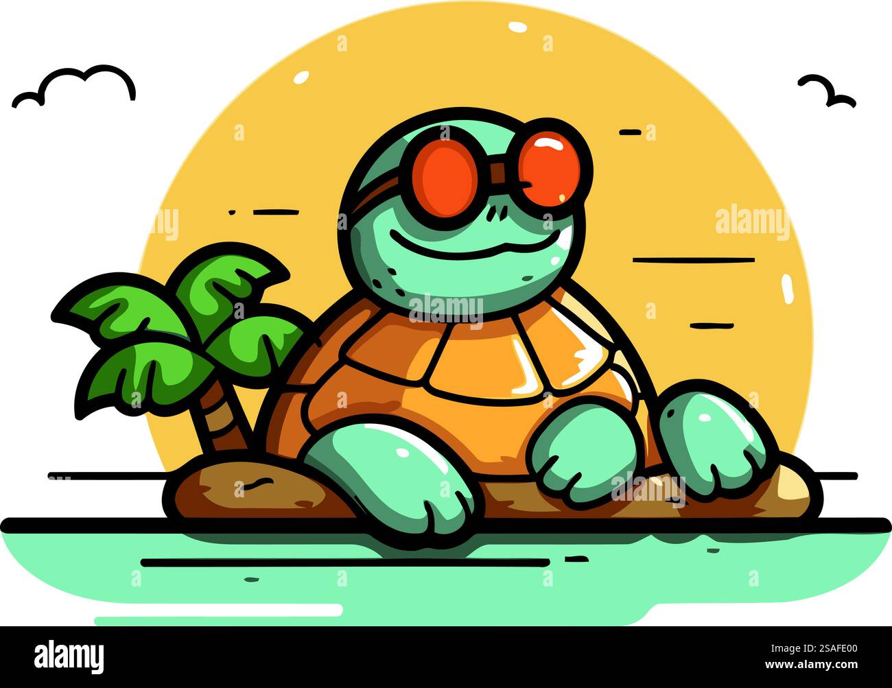 Cute cartoon turtle on the beach. Vector illustration in flat style ...