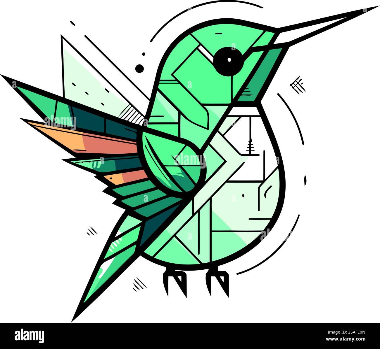 Colorful vector illustration of hummingbird on white background. Line ...