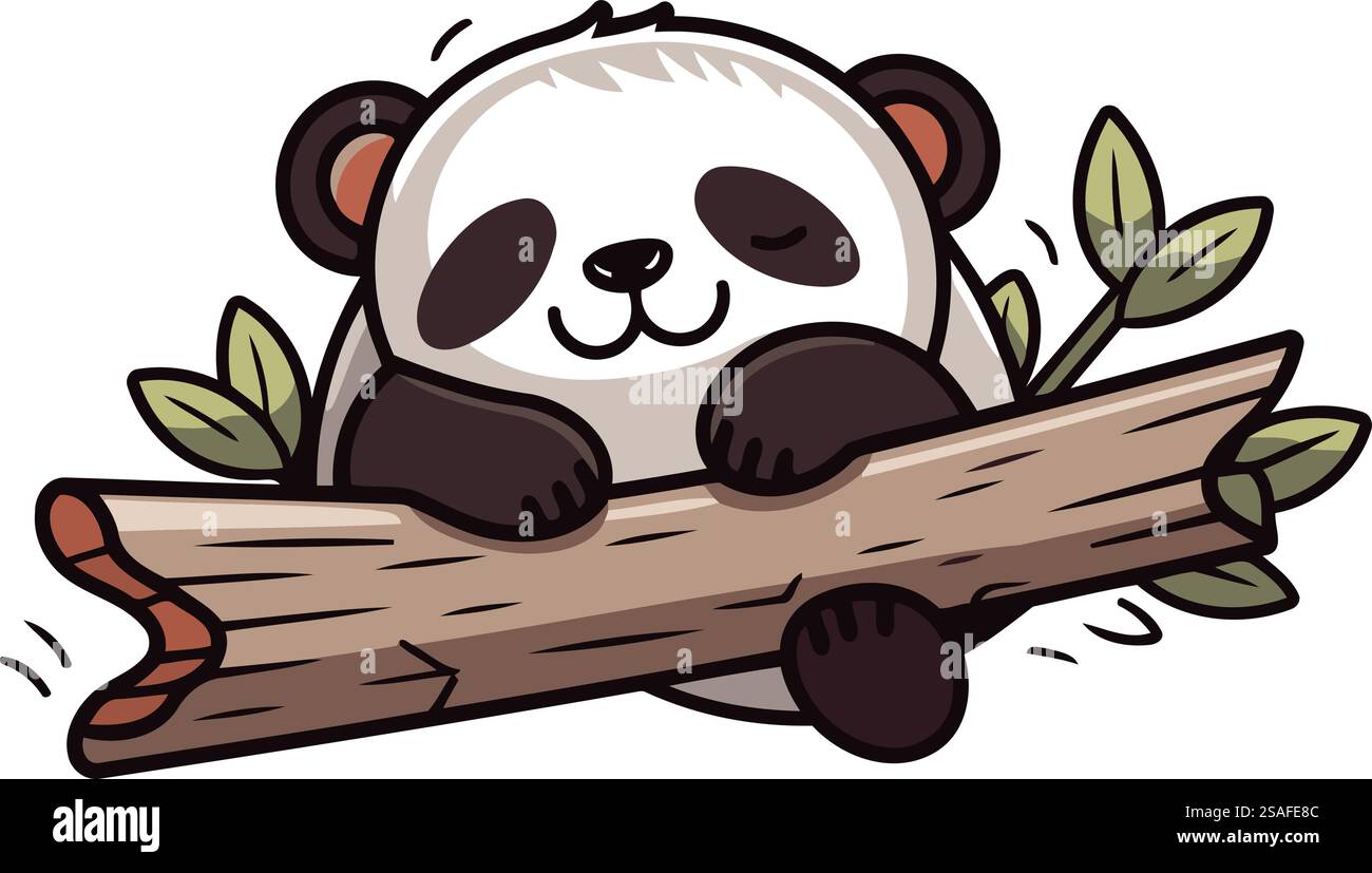 Cute cartoon panda sitting on a log. Vector illustration Stock Vector ...