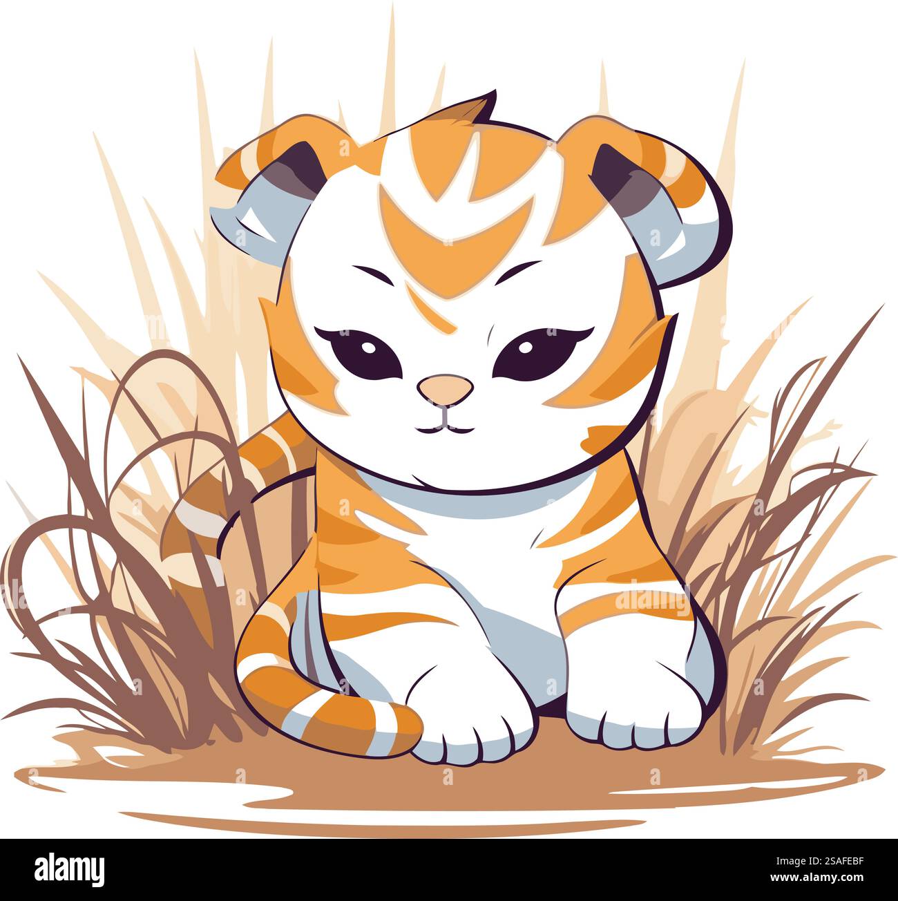 Cute tiger sitting on grass. Vector illustration isolated on white ...